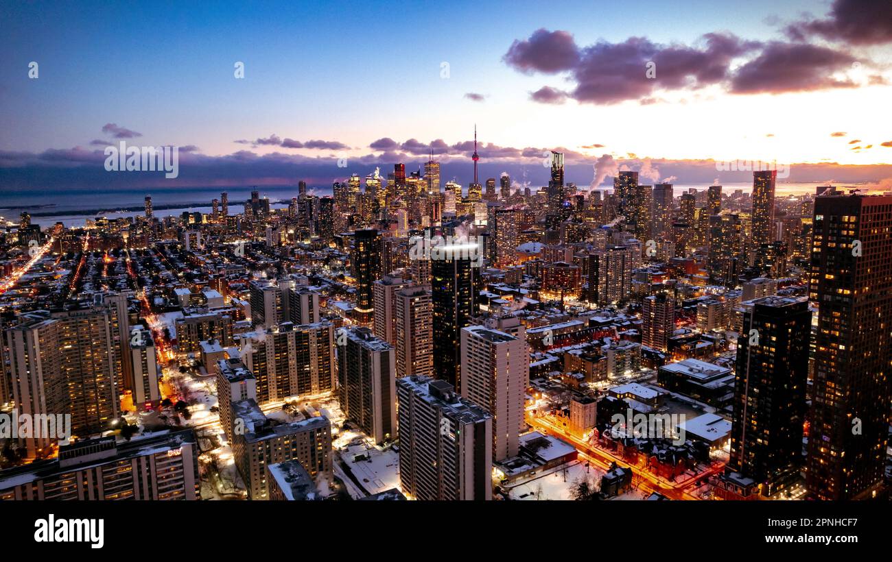 An aerial view of a vibrant cityscape of Toronto including CN Tower ...