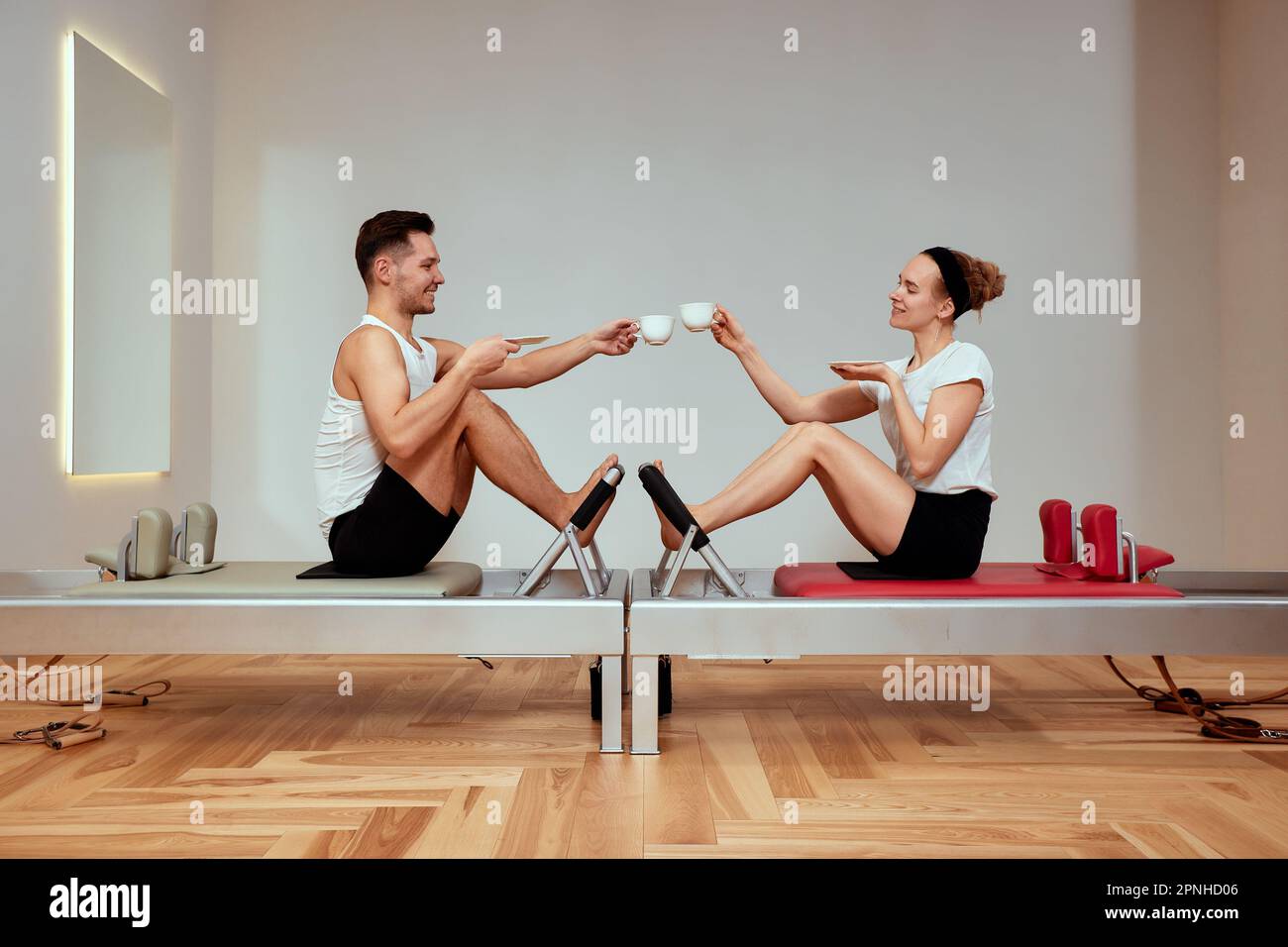 Couple man woman drinking tea coffee during palates training on the ...