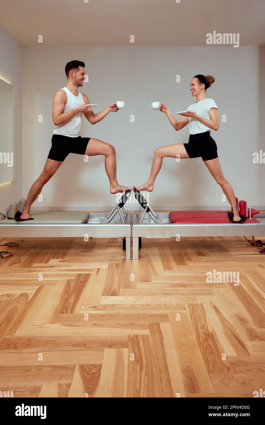 Couple man woman drinking tea coffee during palates training on the ...