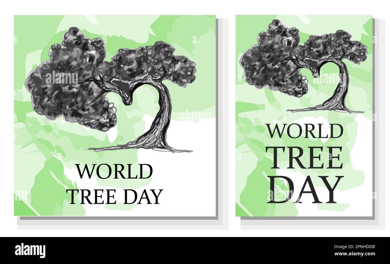 Congratulatory banner for WORLD Tree Day. Tree planting day. Pencil ...