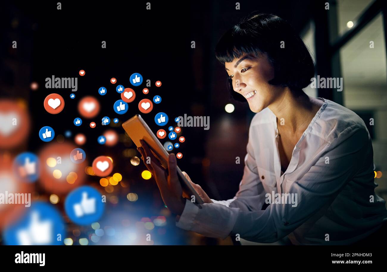 Night, social media icons or happy woman with a tablet for ...