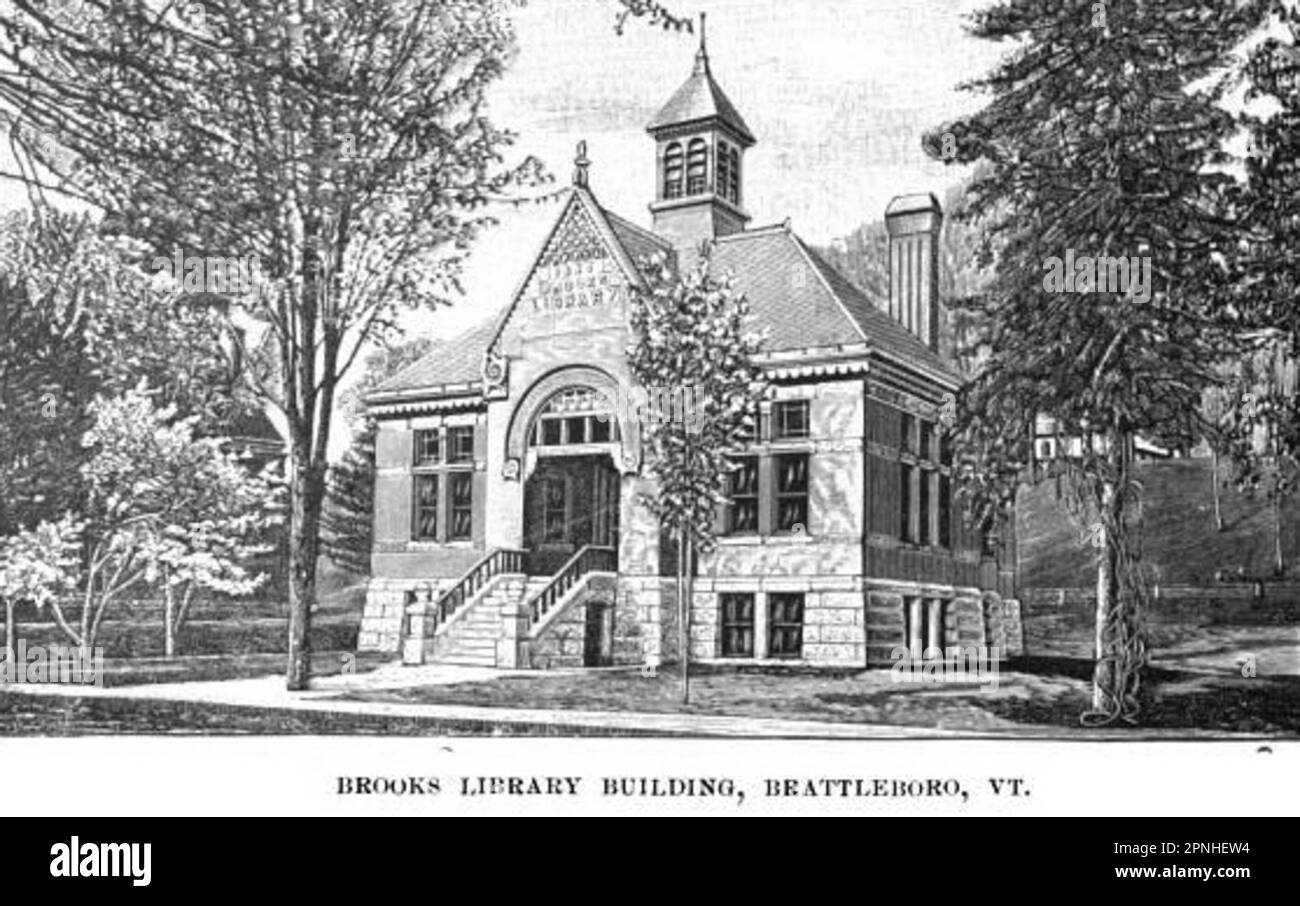 An illustration of the original Brooks Free Library building Stock ...