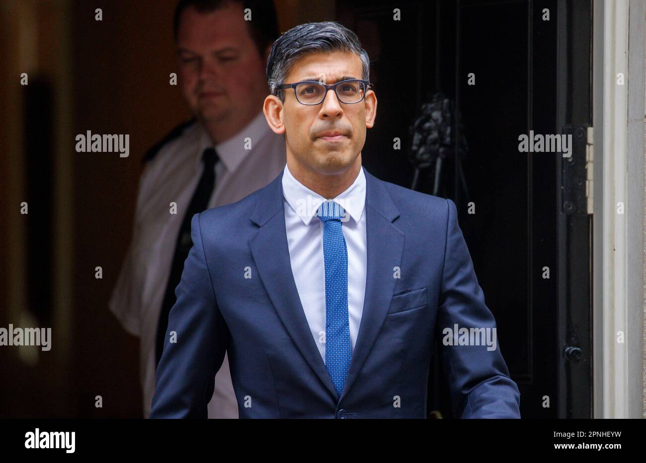 London, UK. 19th Apr, 2023. British Prime Minister, Rishi Sunak, leaves Number 10 Downing Street ...