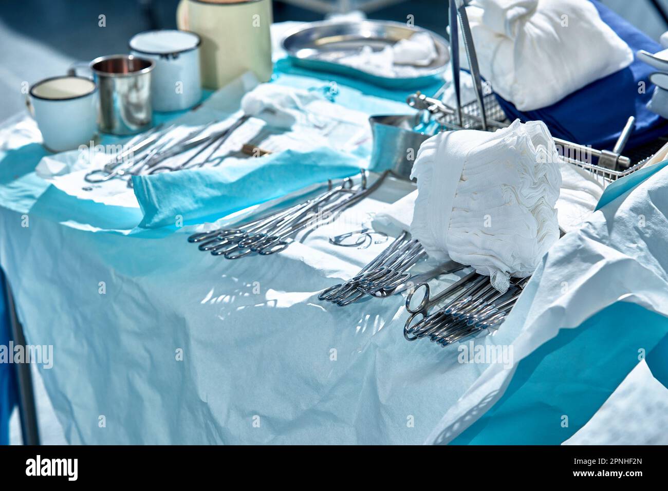Instruments on a sterile table preparation for surgery, operating room ...