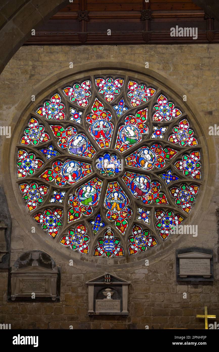 Stained glass church window – The Rose Window – at Cheltenham Minster ...