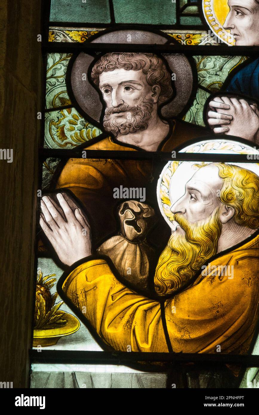 Apostles, including Judas with money bag containing silver pieces and ...