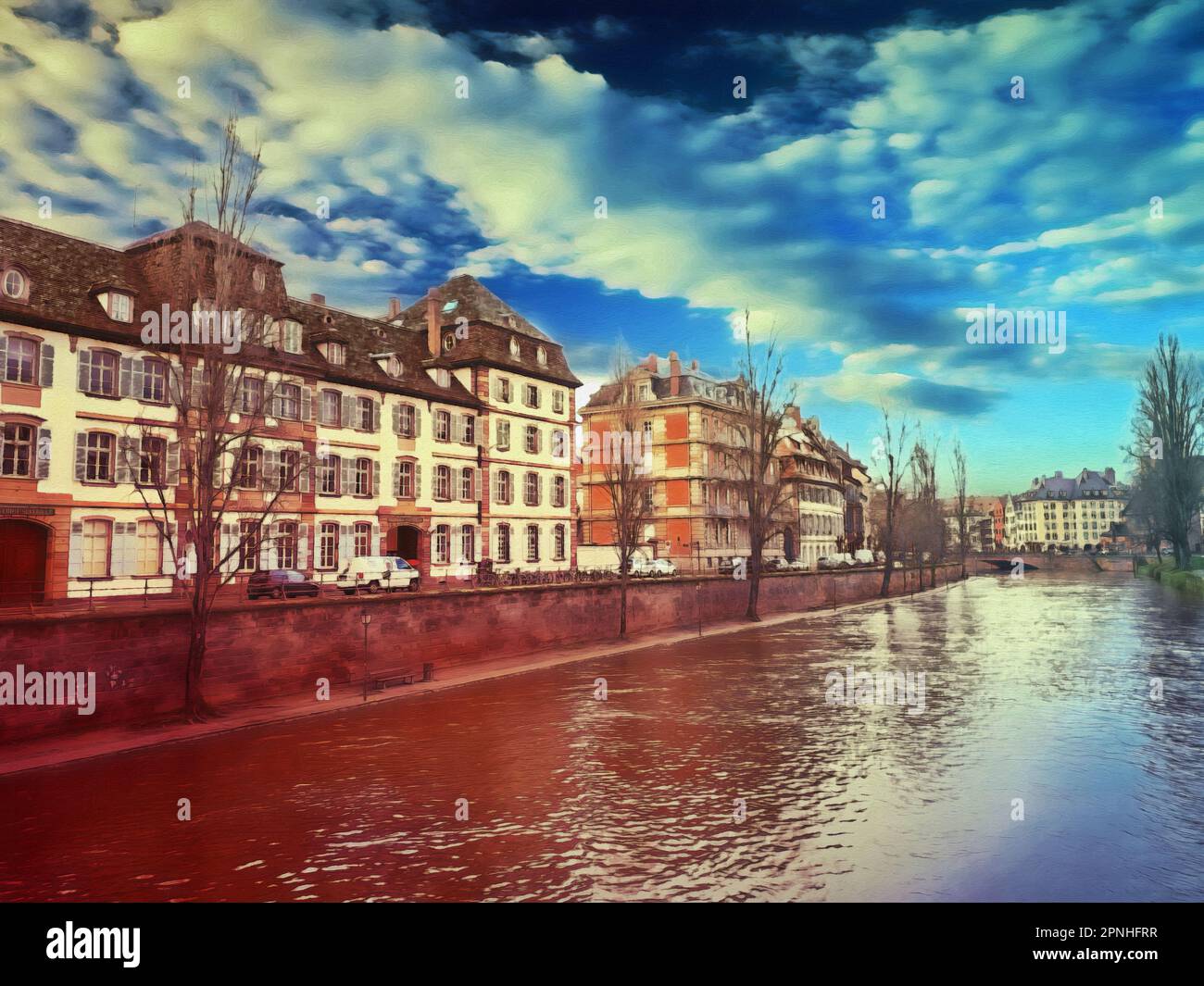 Vintage oil painting of the skyline of Strasbourg, France, featuring ...