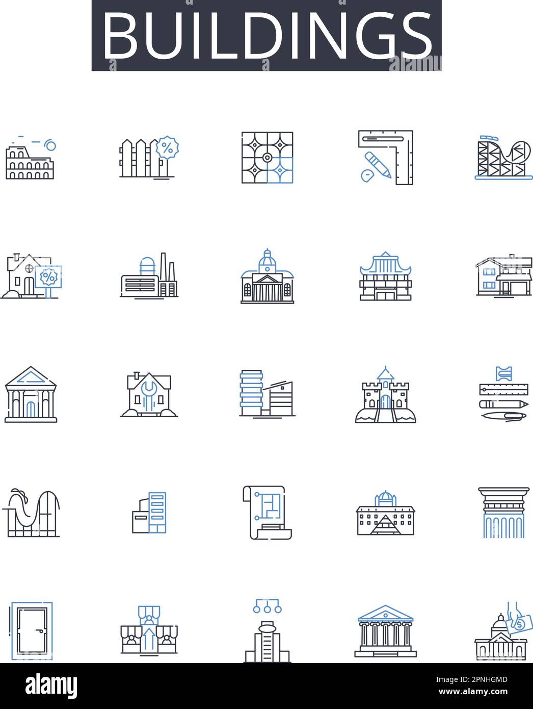 Buildings line icons collection. Houses, Towers, Structures, Edifices, Skyscrapers, Residences ...