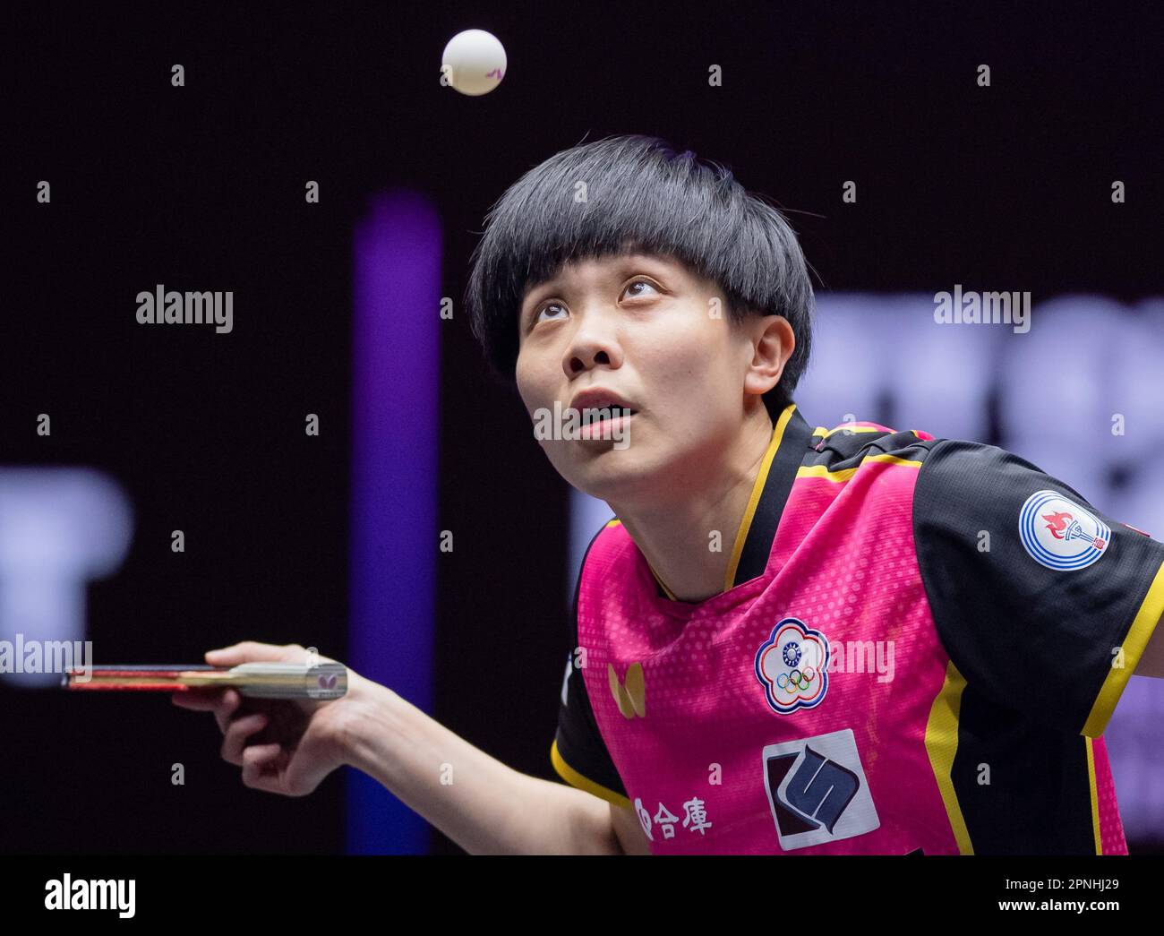 Macao, China. 19th Apr, 2023. Cheng I-Ching of Chinese Taipei serves ...