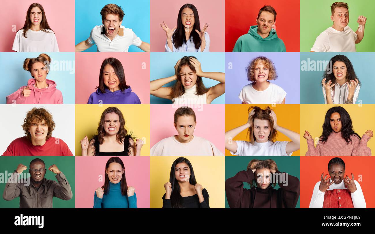 Anger and irritation. Collage of different young people, men and women ...