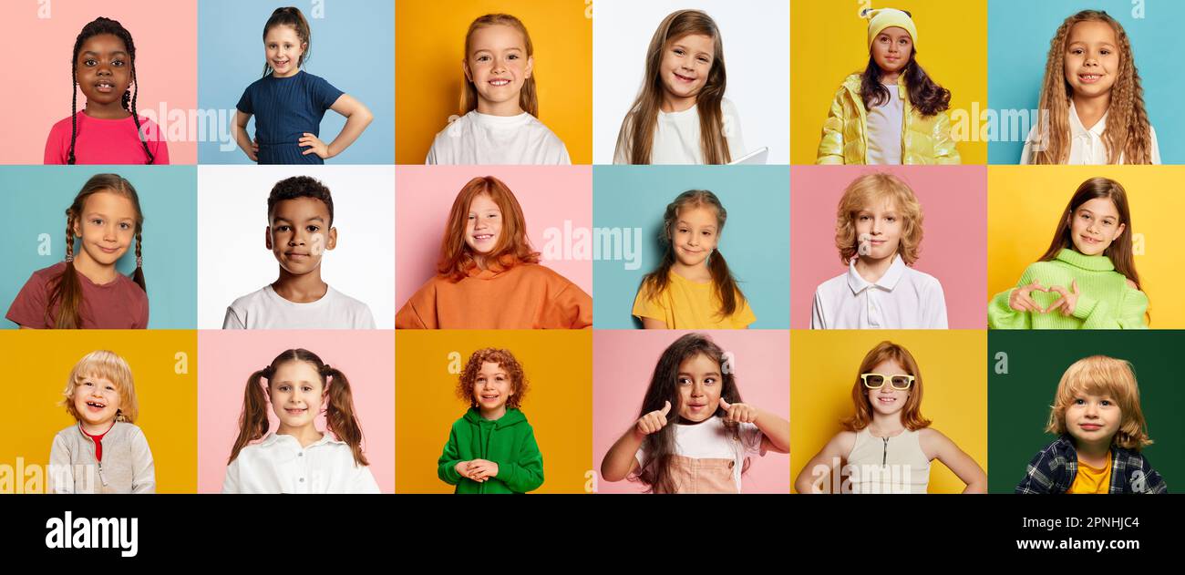 Collage. Portraits of little girls and boys, children of different race ...