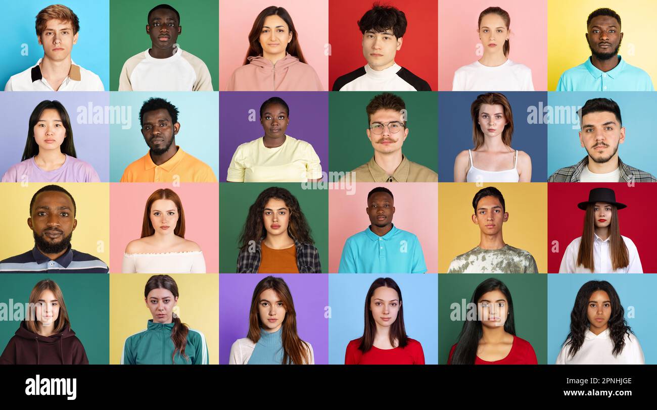 Collage of portraits of different people of diverse gender, age, race ...