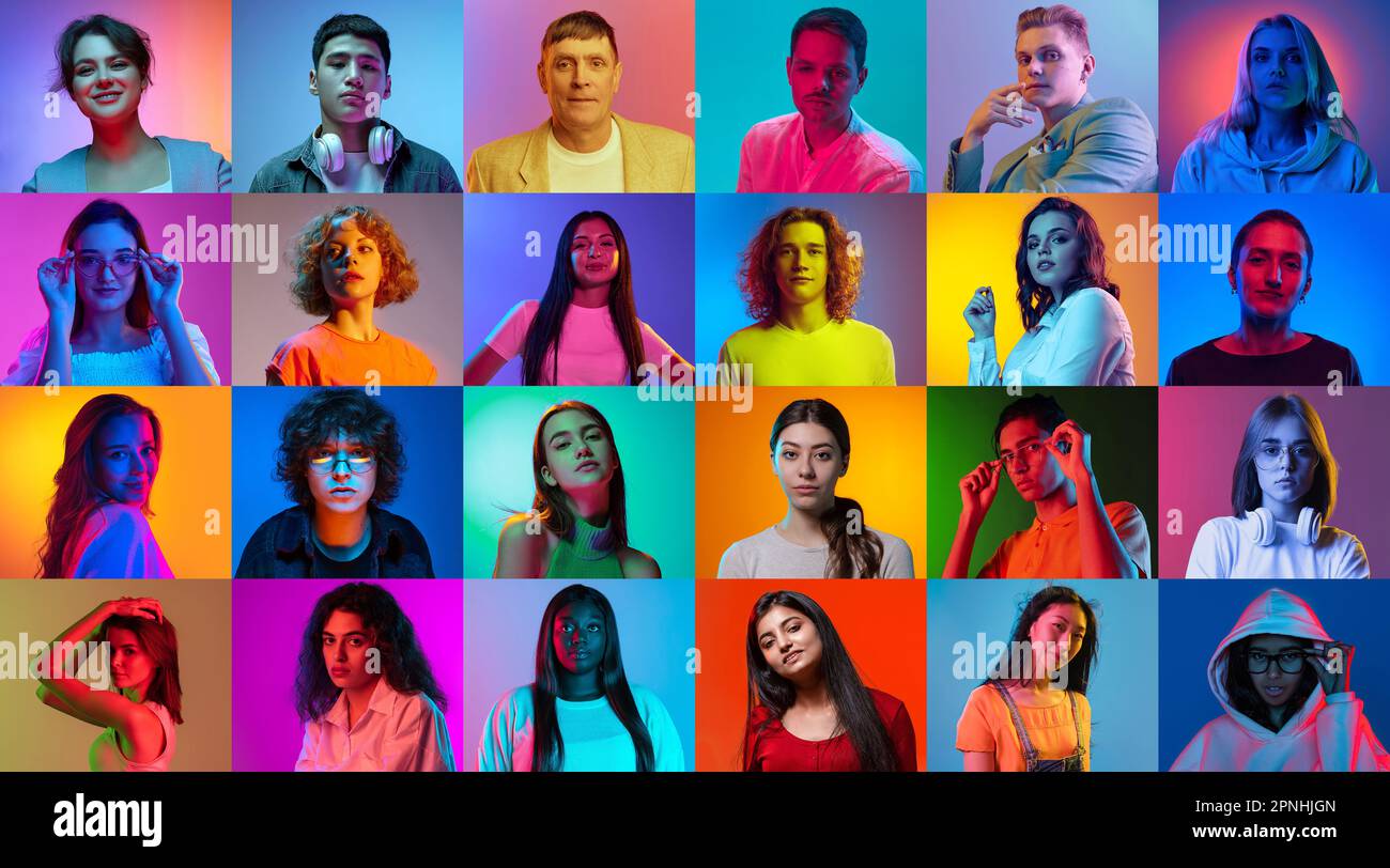 Collage of faces of emotional people of diverse gender, age and race on ...