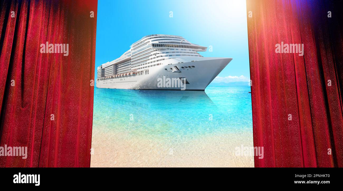 Theater stage with opened red curtain ready to the summer cruise Stock ...