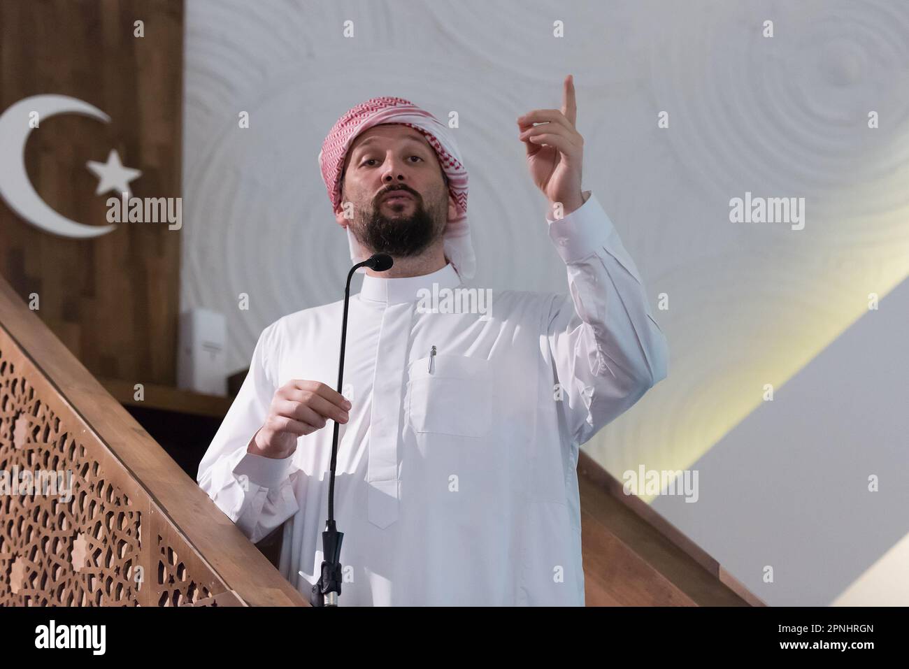 Muslim leader or imam speech sharing about islam during prayer time in ...