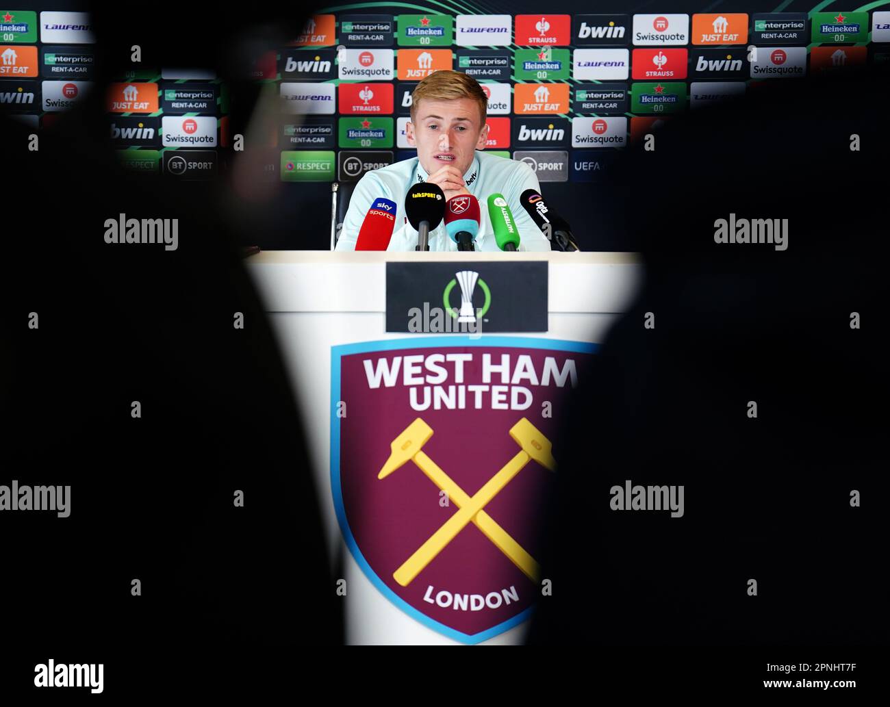 West Ham United's Flynn Downes during a press conference at Rush Green ...