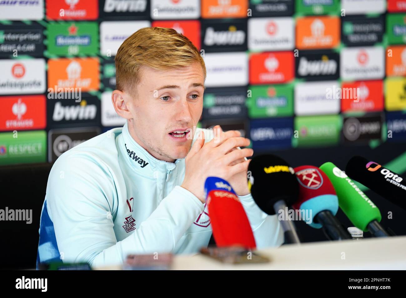 West Ham United's Flynn Downes during a press conference at Rush Green ...