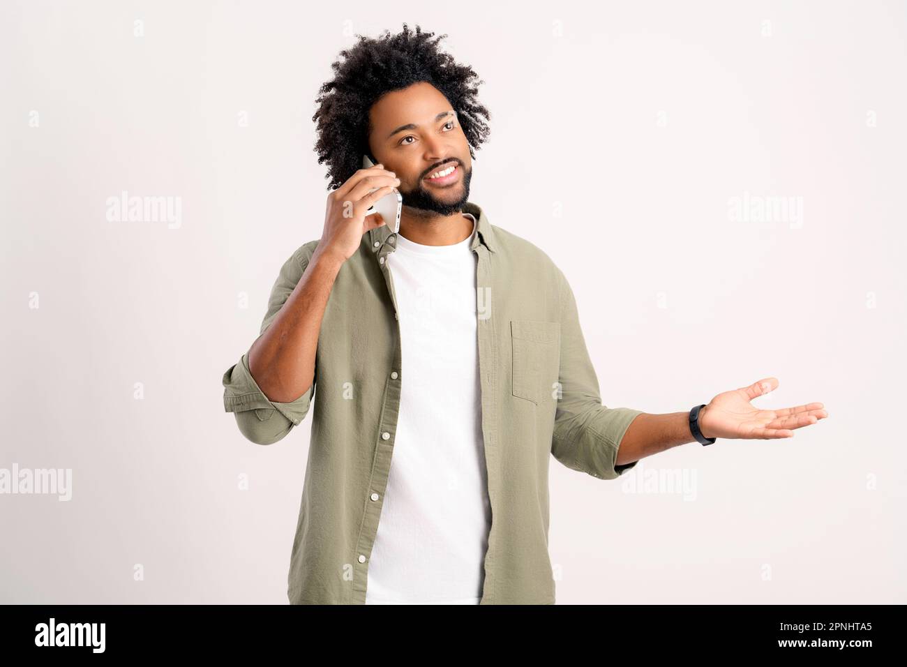 Mobile communication. Waist up portrait view of handsome 30s man making ...
