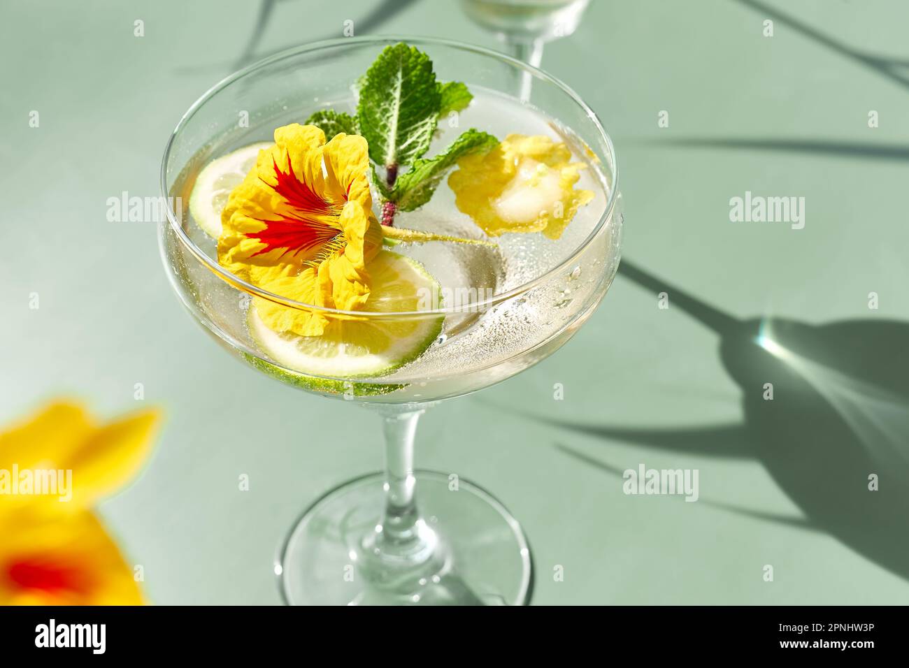 Iced lemonade with edible nasturtium flowers, lime and mint leaves ...
