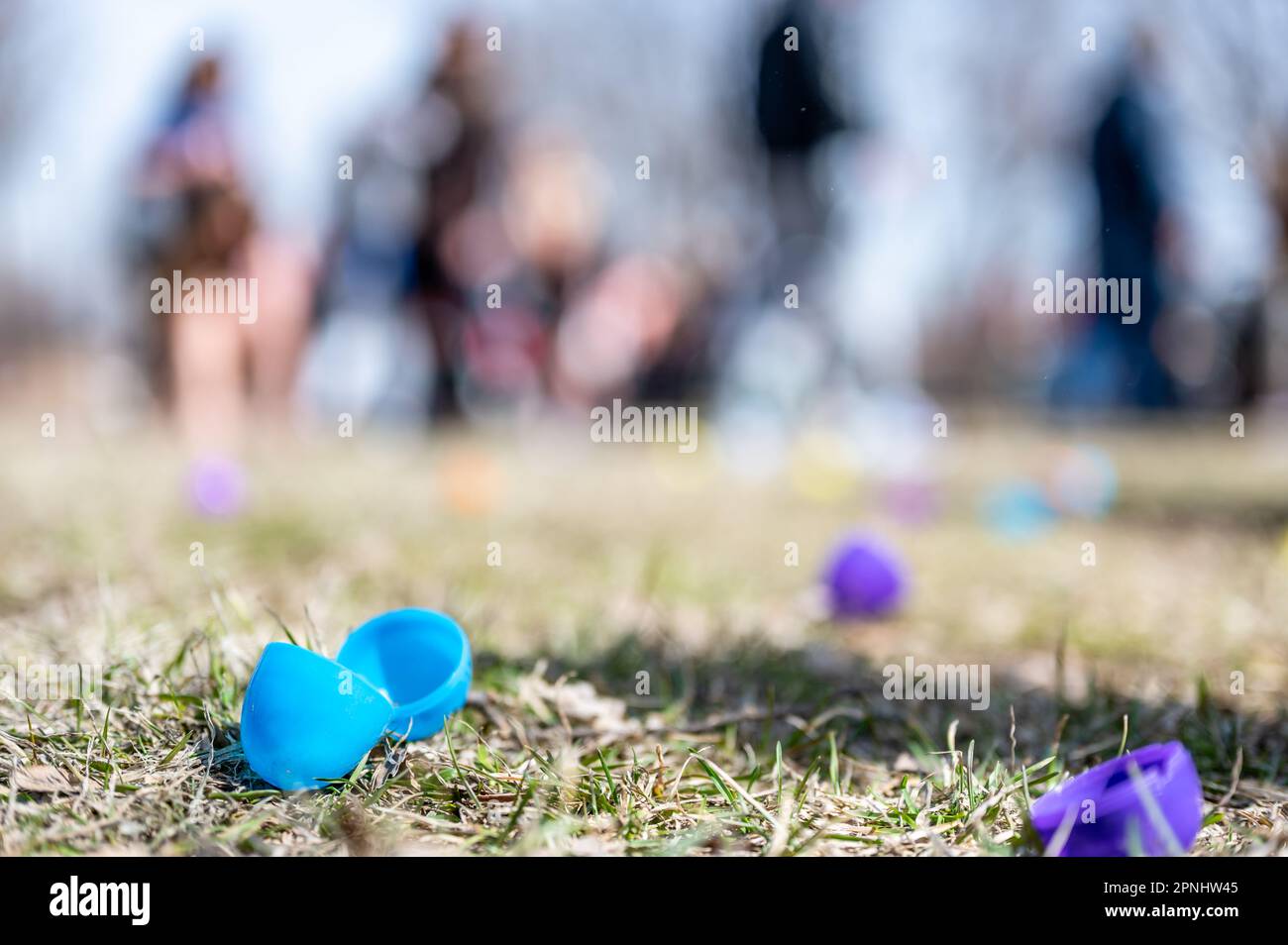 Open and discarded halves of plastic Easter eggs after a public hunt ...