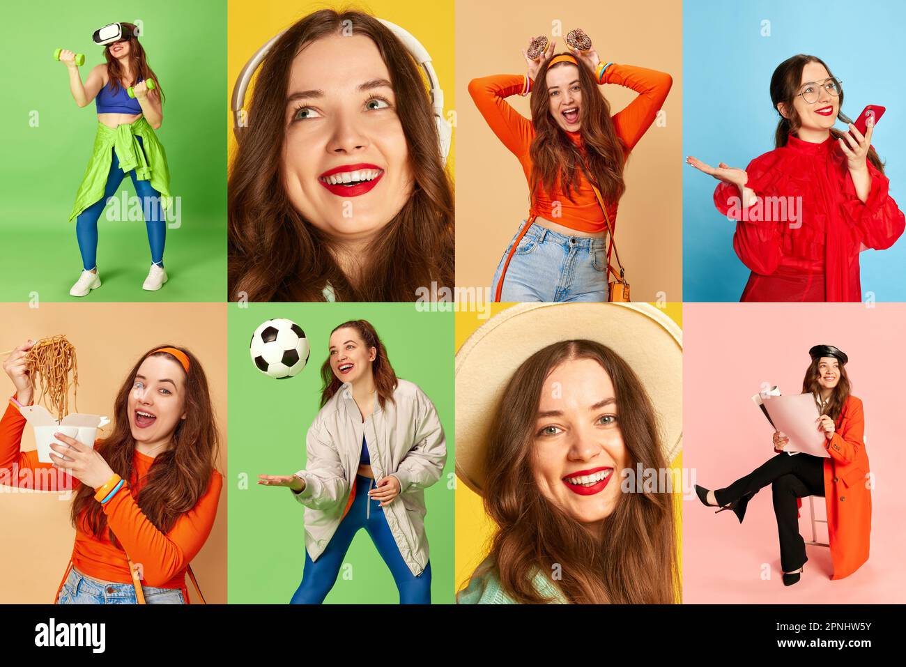 Collage made of images of happy young beautiful girl, woman in ...