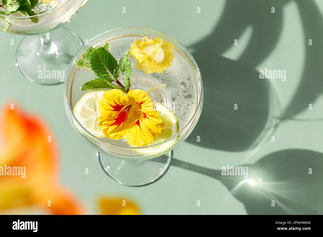 Iced lemonade with edible nasturtium flowers, lime and mint leaves ...