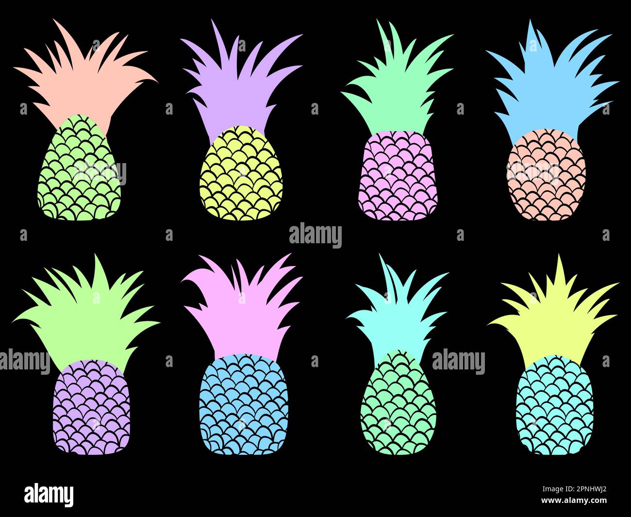 Set of colorful pineapples isolated on black background. Summer ...