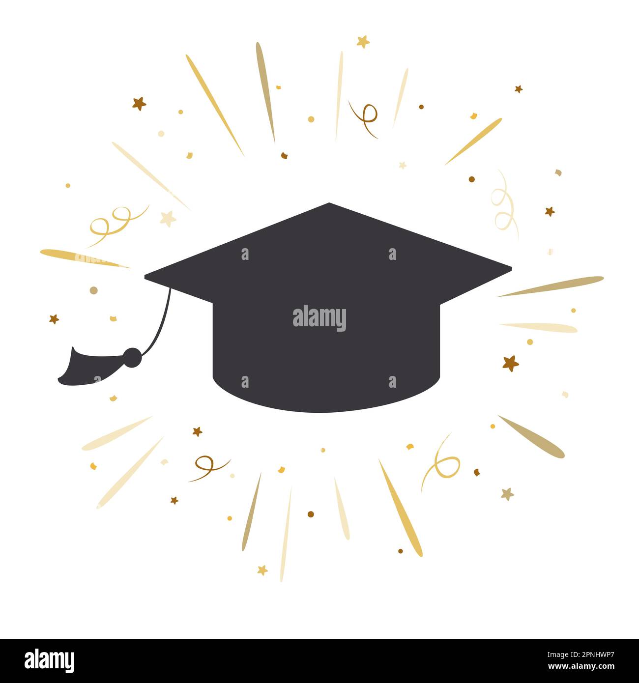 Graduate student hat doodle icon with golden confetti and doodle shiny ...