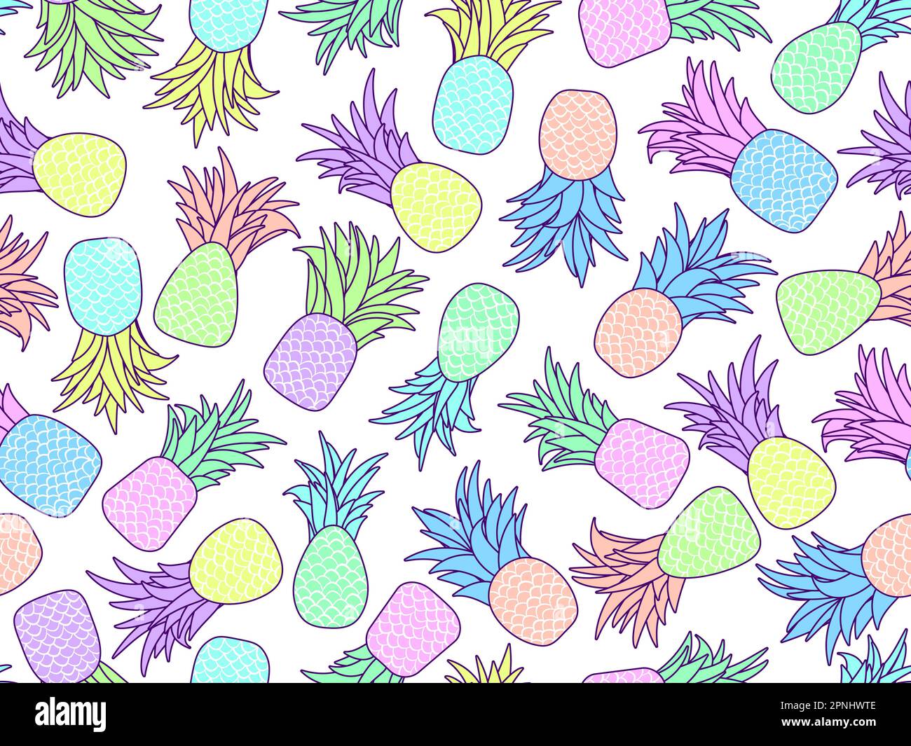 Pineapples with stroke seamless pattern. Summer tropical fruit pineapple with leaves on white ...