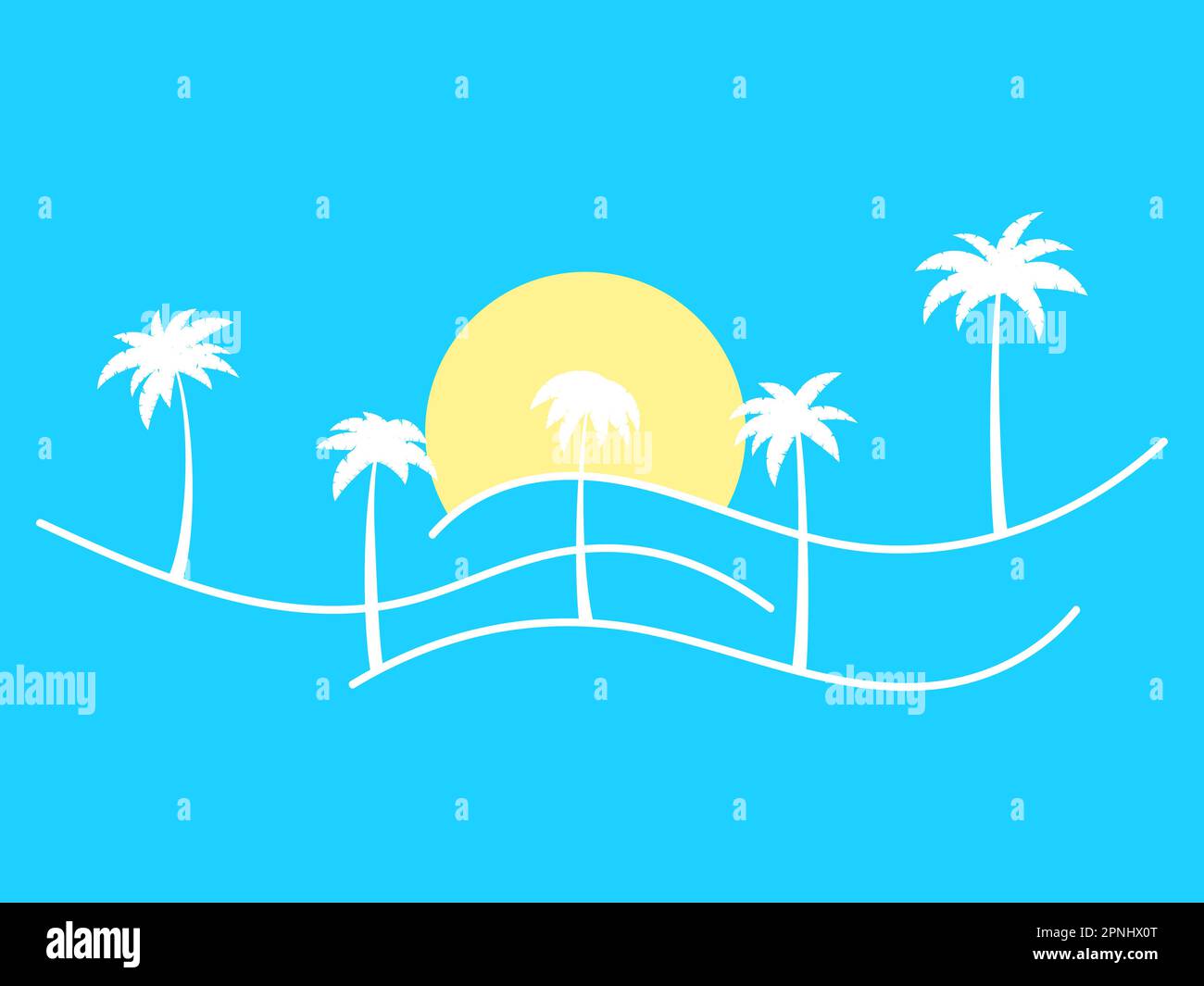 Line landscape outline with palm trees and rising sun on a blue ...
