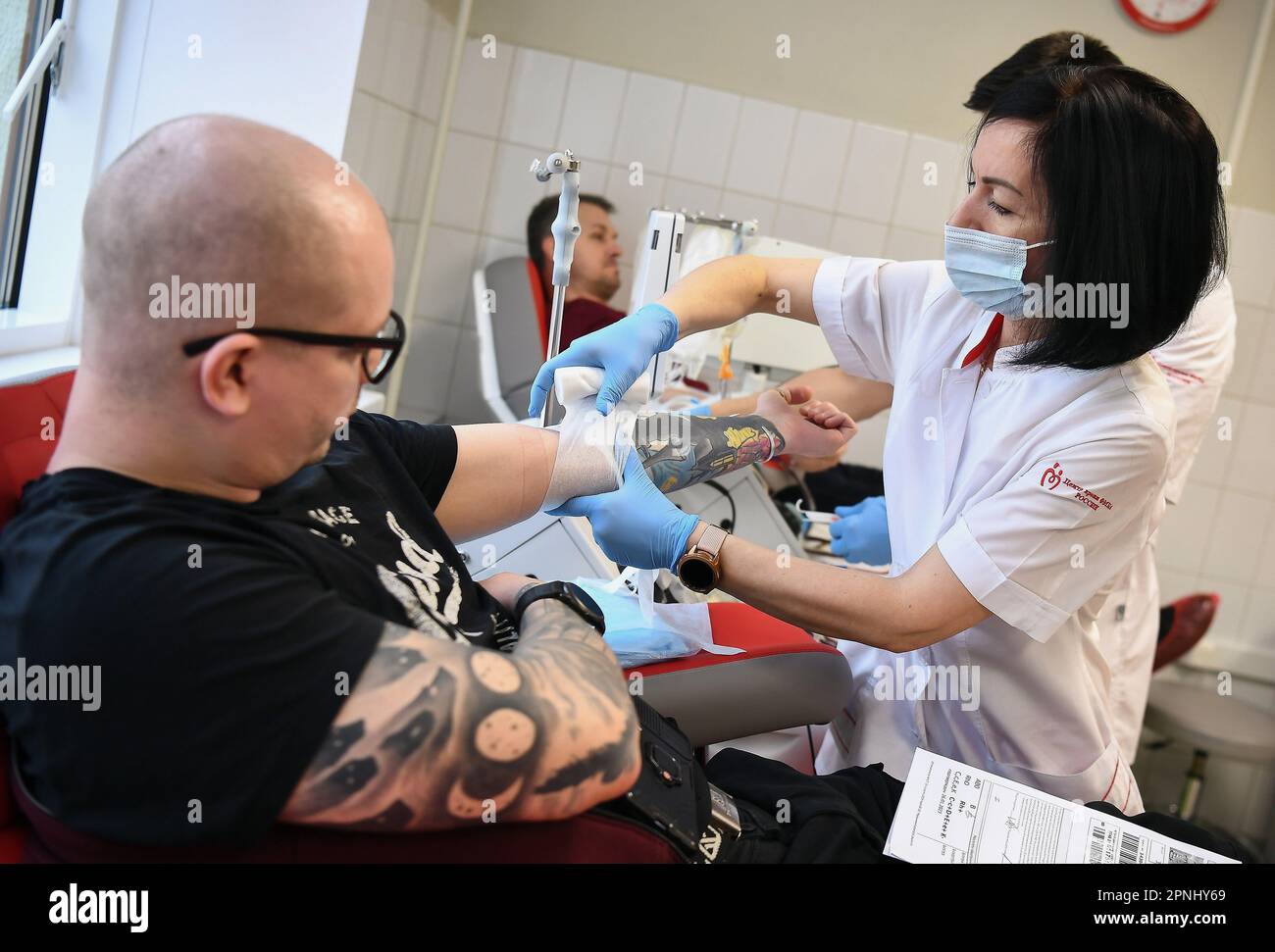 Moscow, Russia. 18th Apr, 2023. Press tour to the Blood Center of the ...