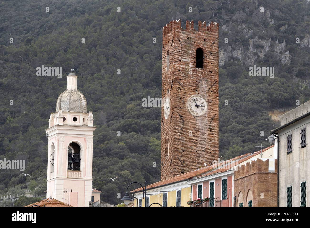 clock tower of Old noli medieval village liguria italy Stock Photo - Alamy