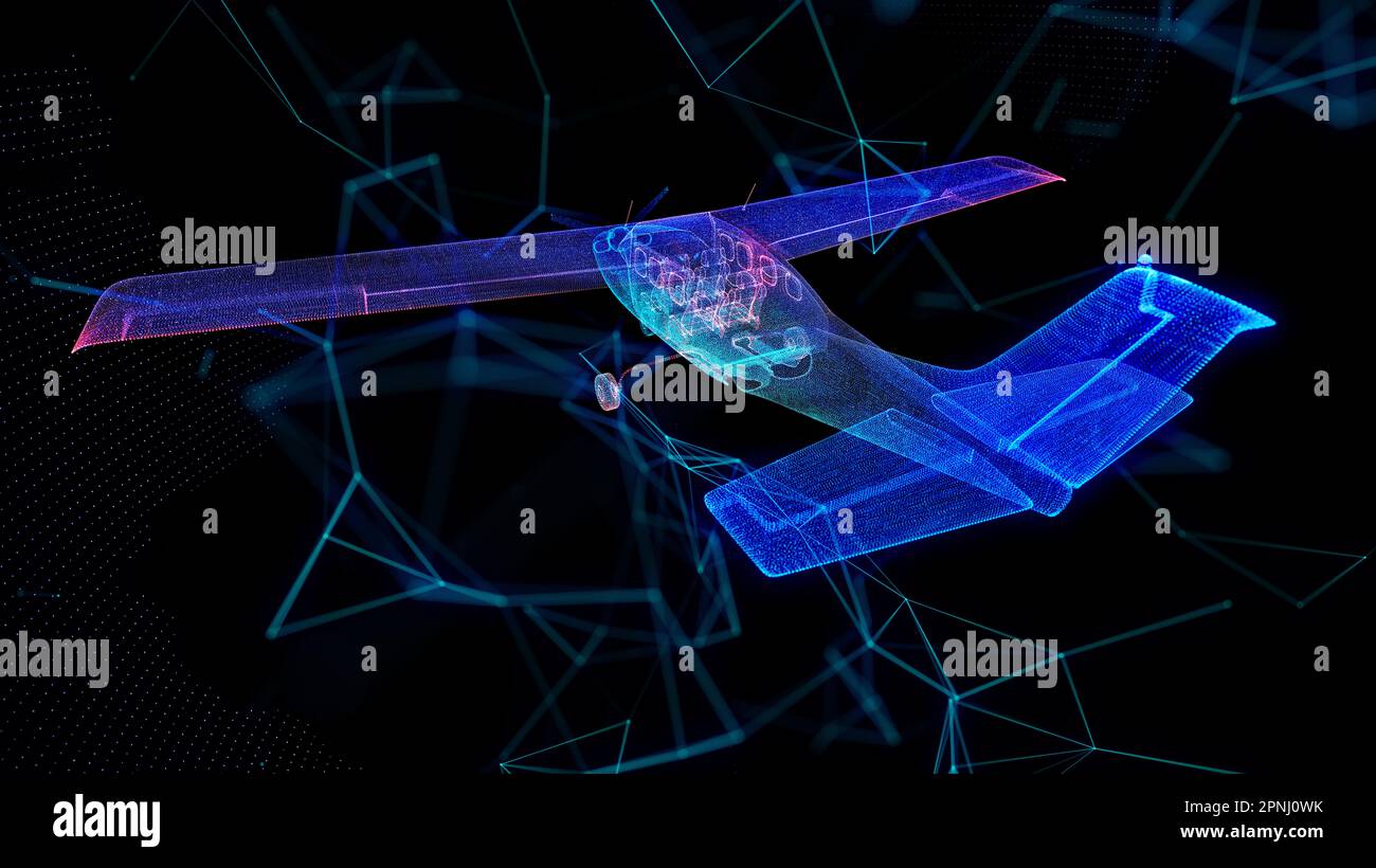 3d airplane. Digital airliner and world map concept in dark blue ...