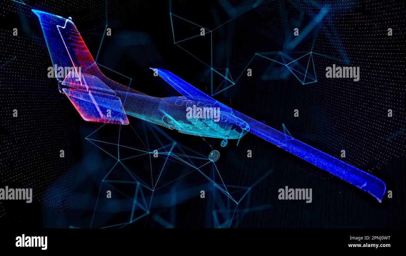 The plane. Single-engine plane. Flickering energy flux of particles ...