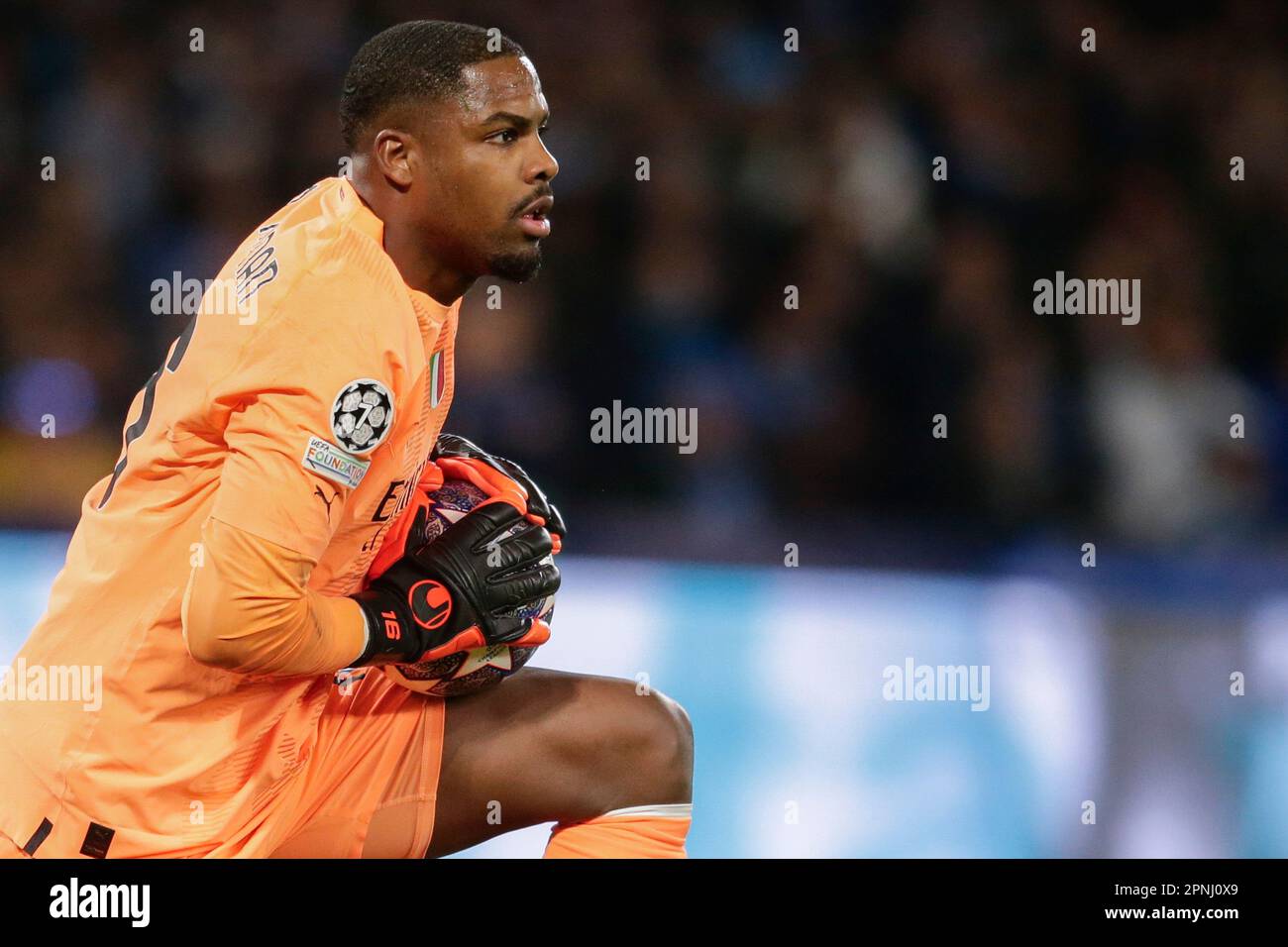 MilanÕs French goalkeeper Mike Maignan controls the ball during UEFA ...