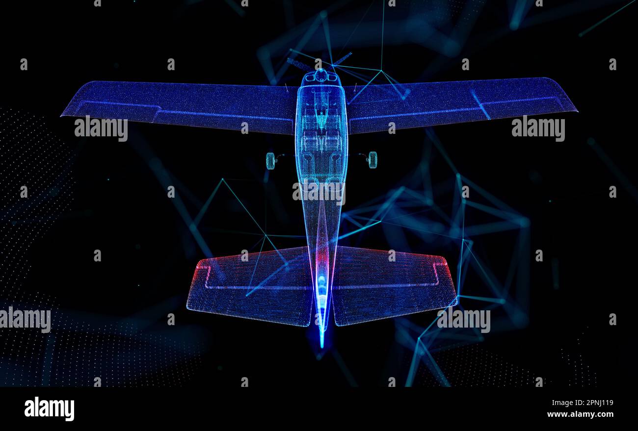 Flying aircraft. Low-poly model of air transport. Blue background Stock ...