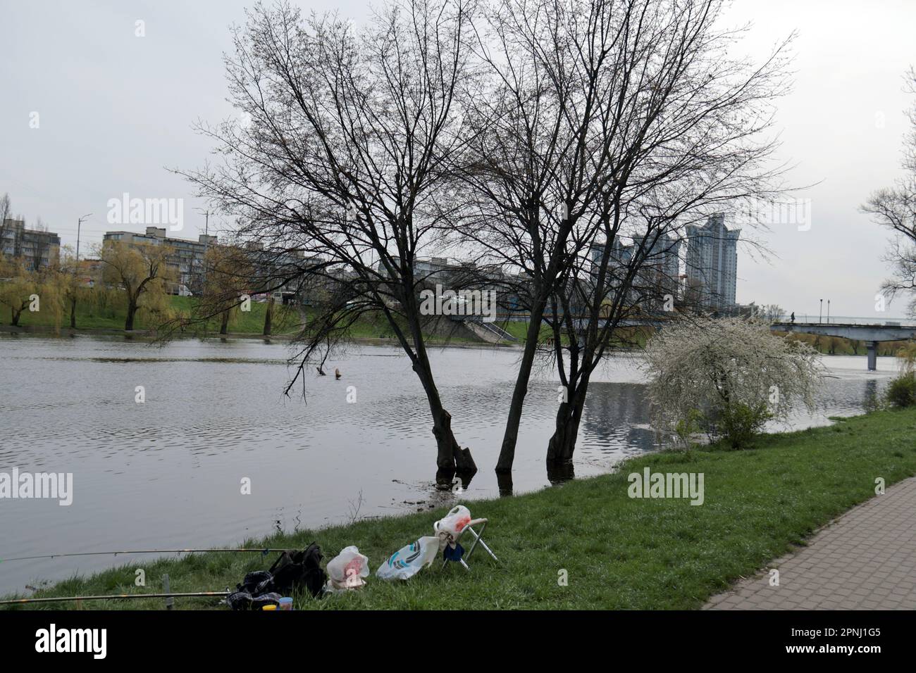 KYIV, UKRAINE - APRIL 17, 2023 - The embankment in Rusanivka, a man ...