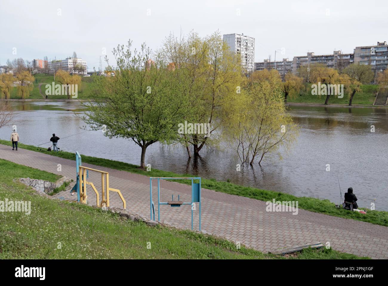 KYIV, UKRAINE - APRIL 17, 2023 - The embankment in Rusanivka, a man ...