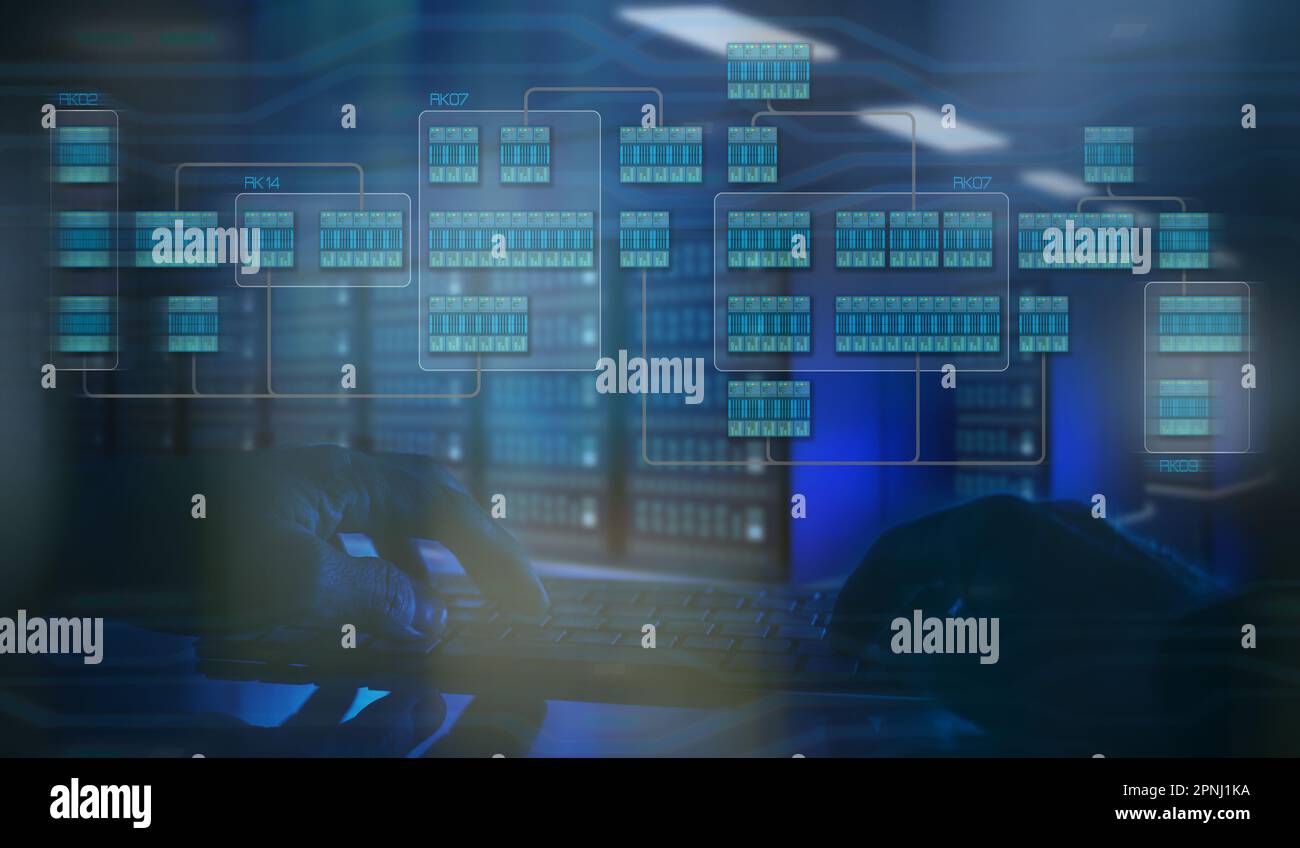 IT engineer plan and design new data center server room. Cloud technology, data processing ...