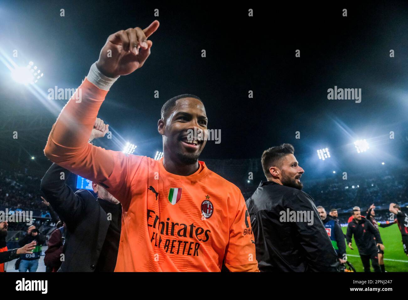 Milan’s French goalkeeper Mike Maignan rejoices at the passage of the ...