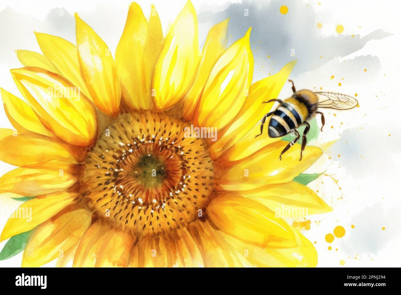 Paint a delightful scene of a yellow honey bee gathering nectar from a ...