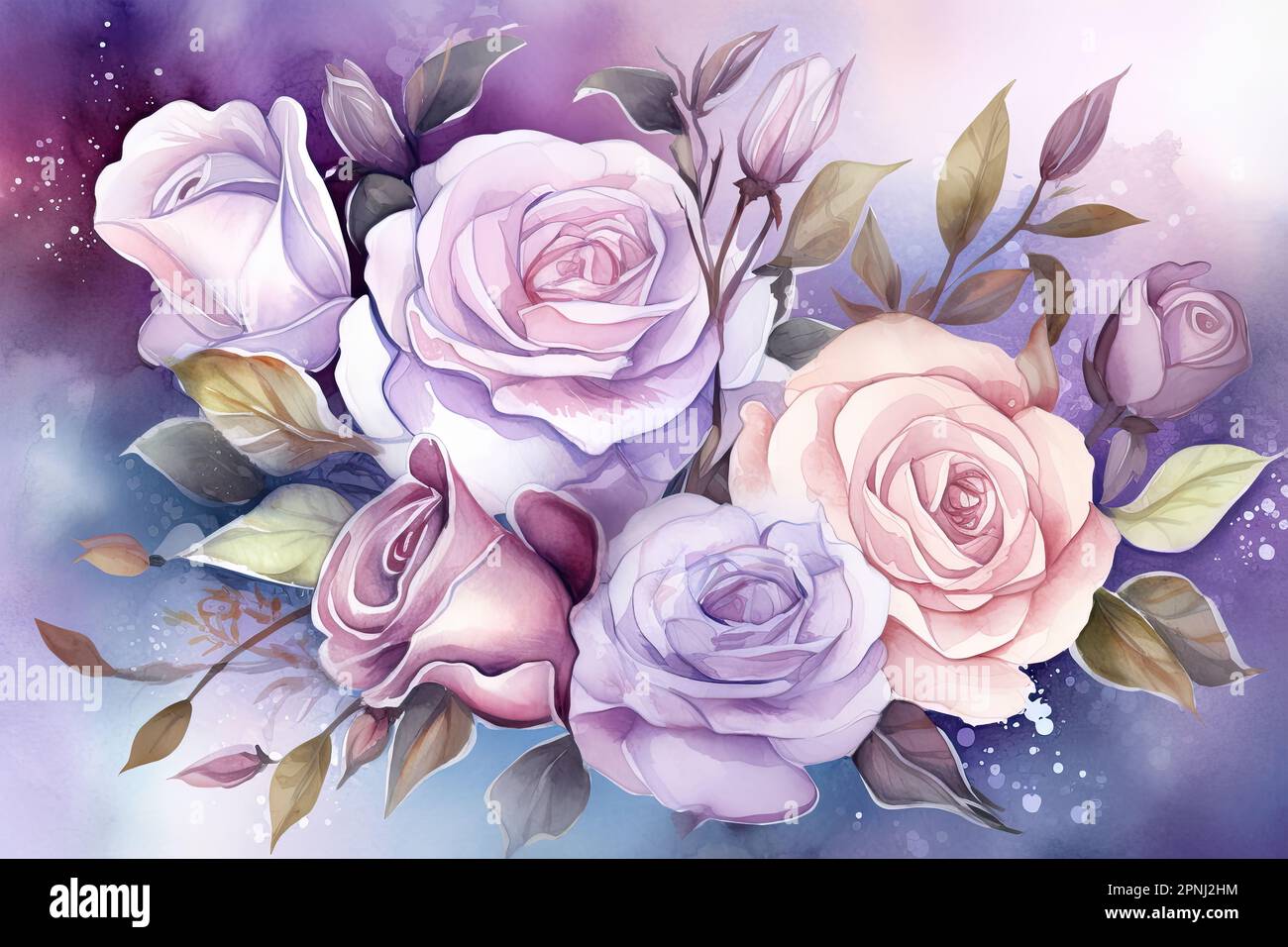 Create a whimsical watercolor illustration of a bouquet of purple roses ...