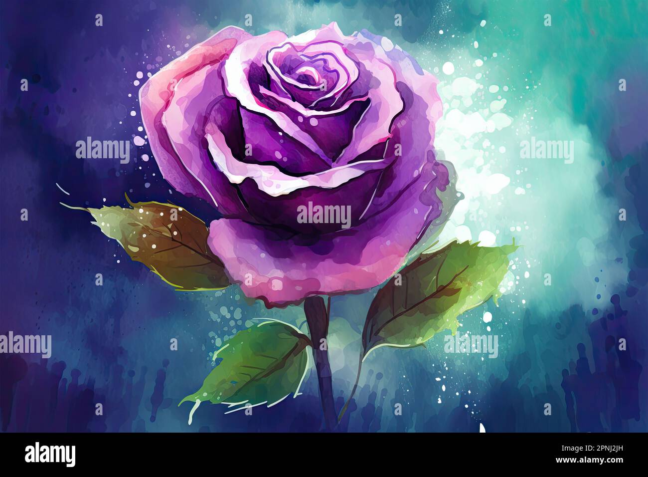 Design a beautiful watercolor illustration of a single purple rose ...
