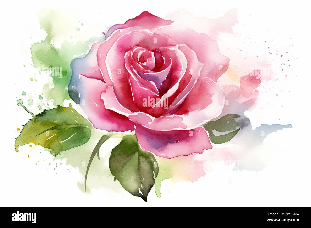Create a watercolor picture of a pink rose flower with a whimsical and ...