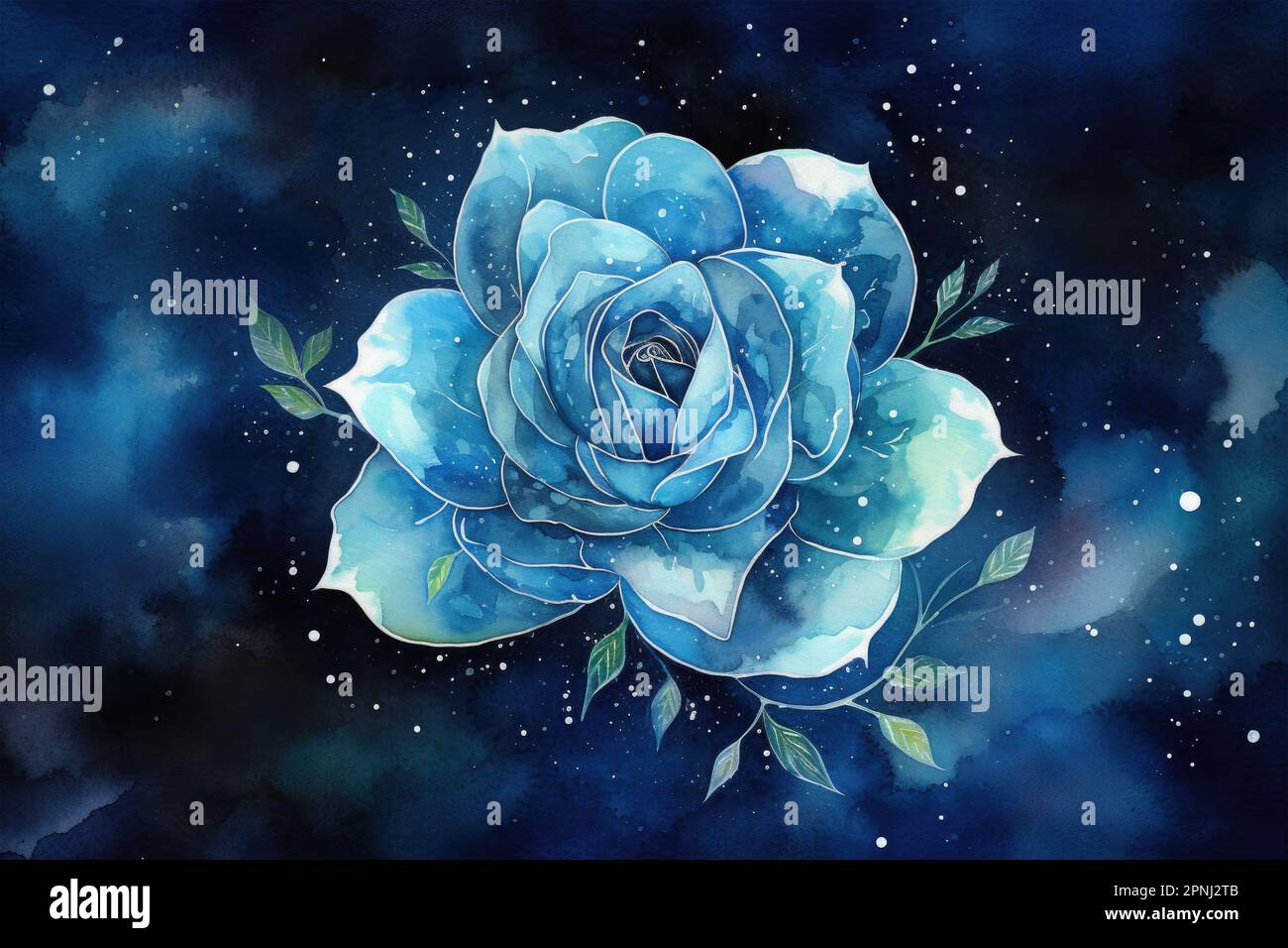 Design a watercolor painting of a blue rose with a cosmic and celestial ...