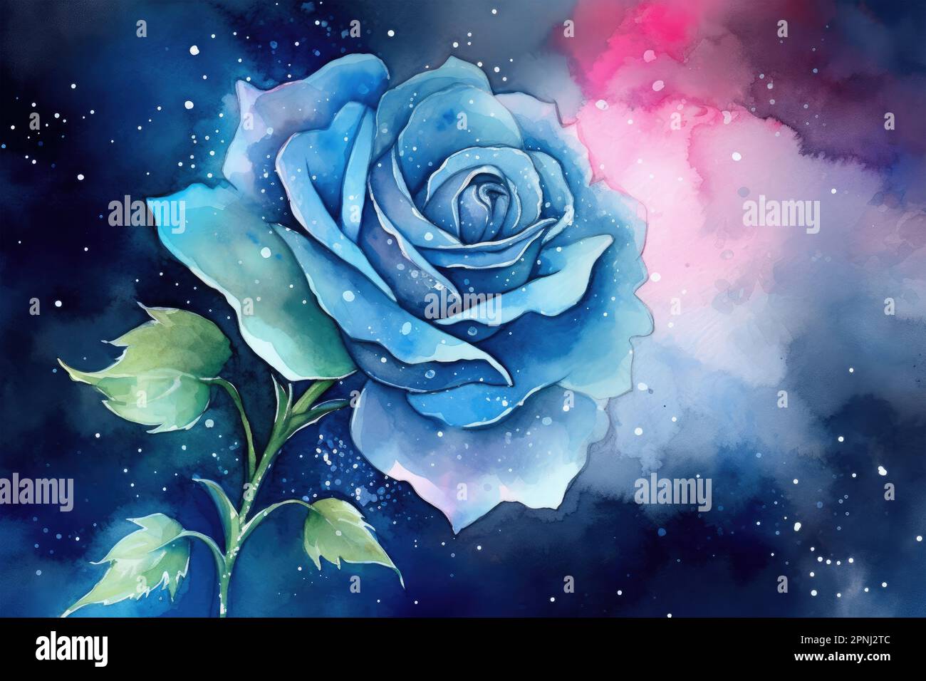 Design a watercolor painting of a blue rose with a romantic and ...