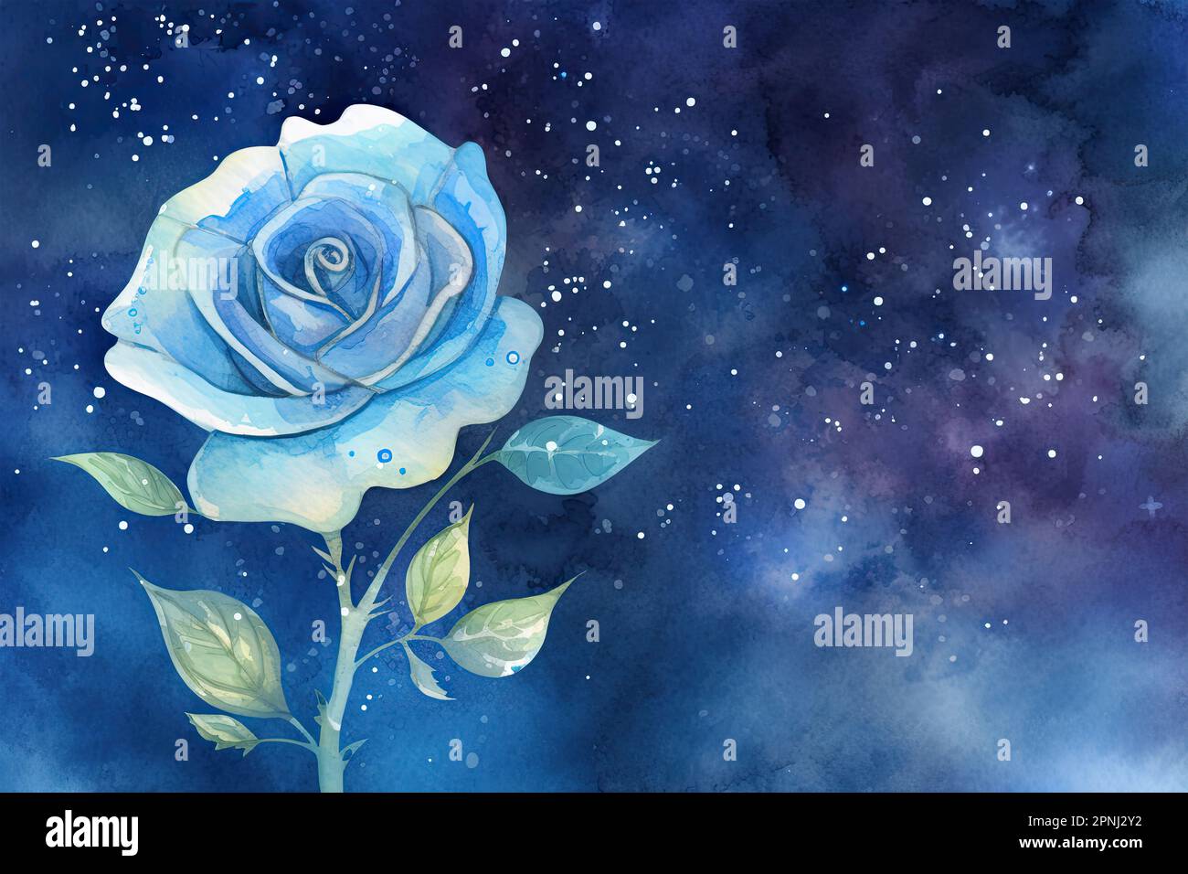 Paint a watercolor illustration of a blue rose with a romantic and ...