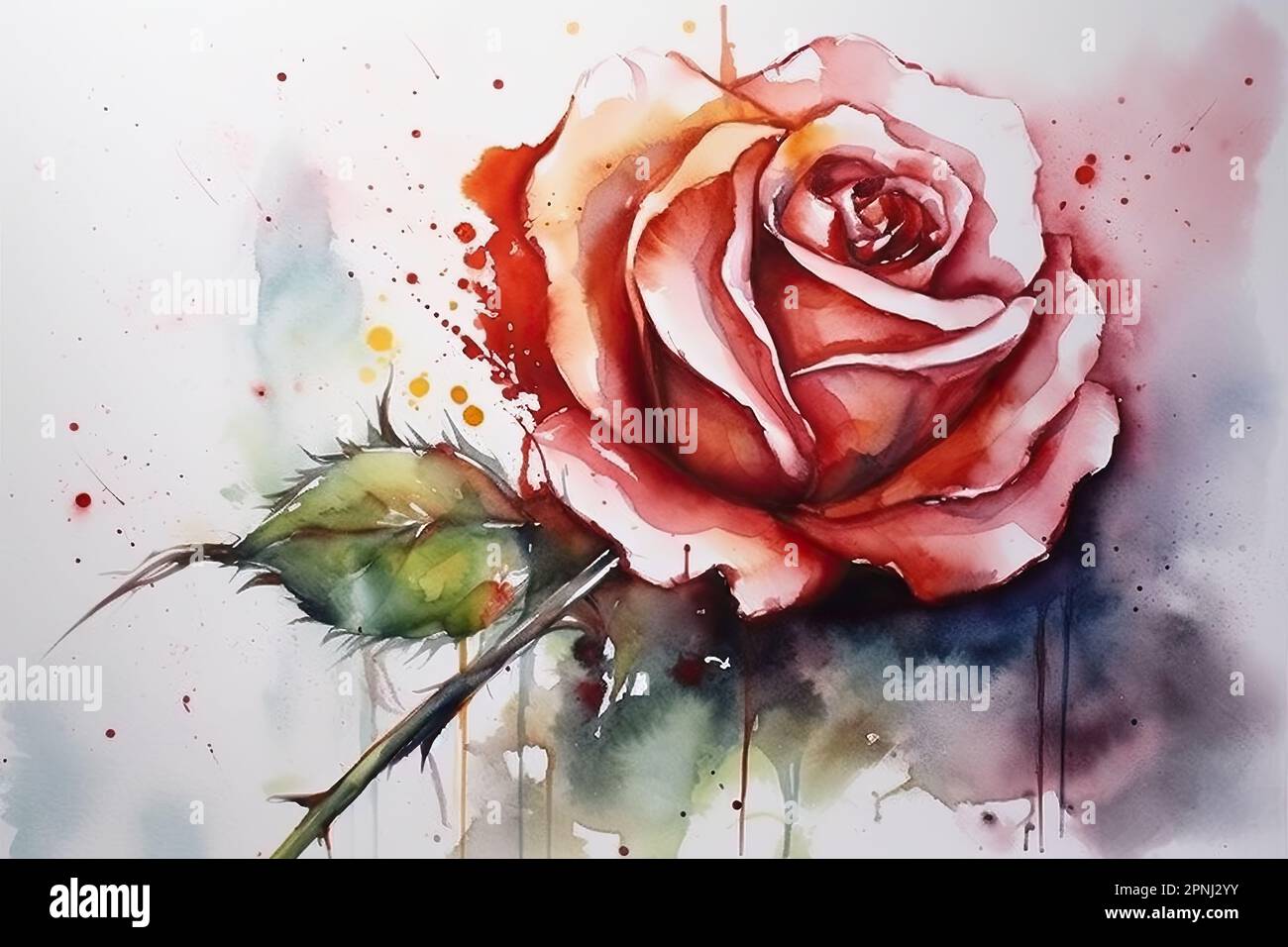 Paint a watercolor picture of a single rose with a dramatic and intense ...