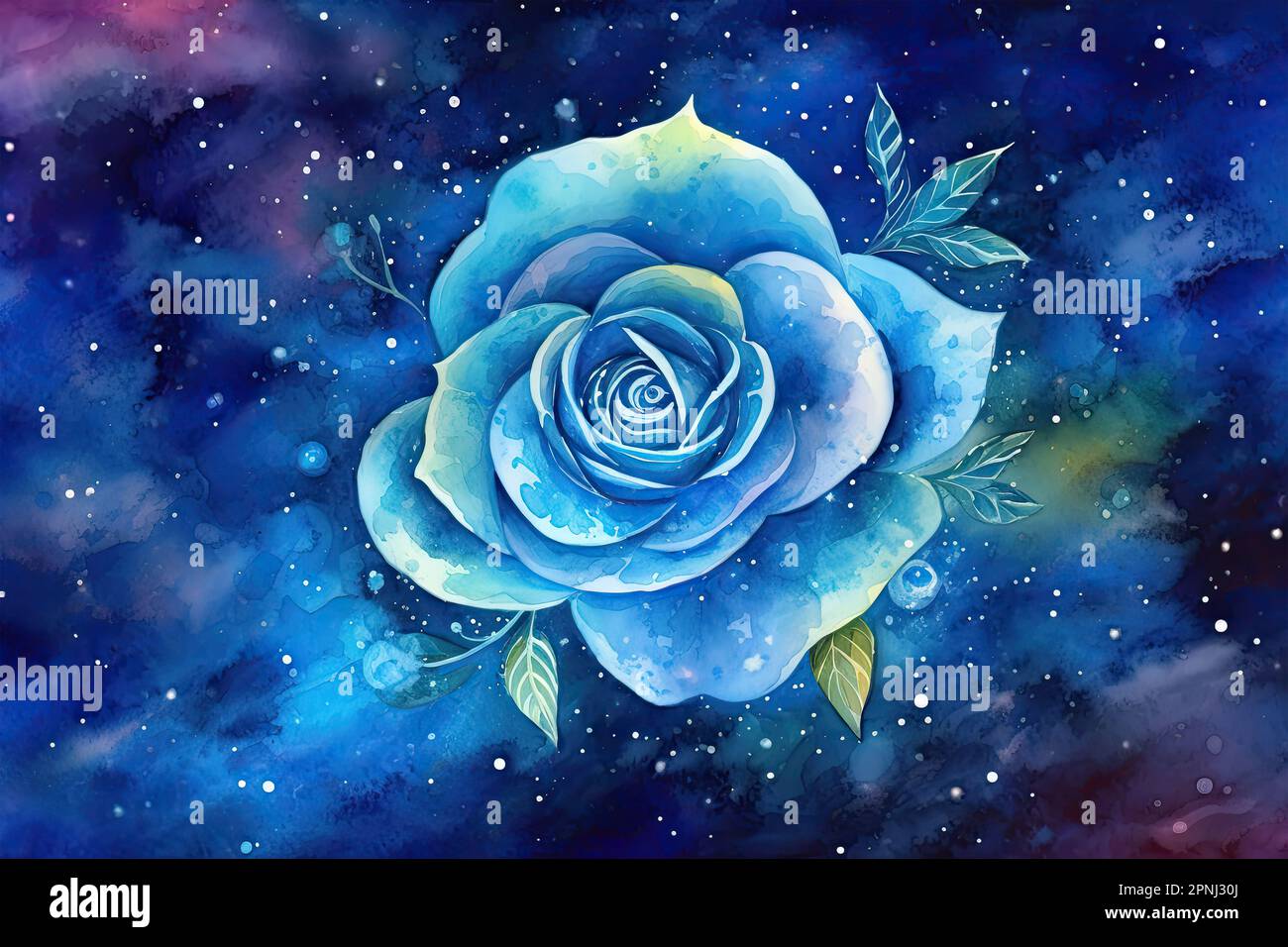 Design a watercolor painting of a blue rose with a cosmic and celestial ...