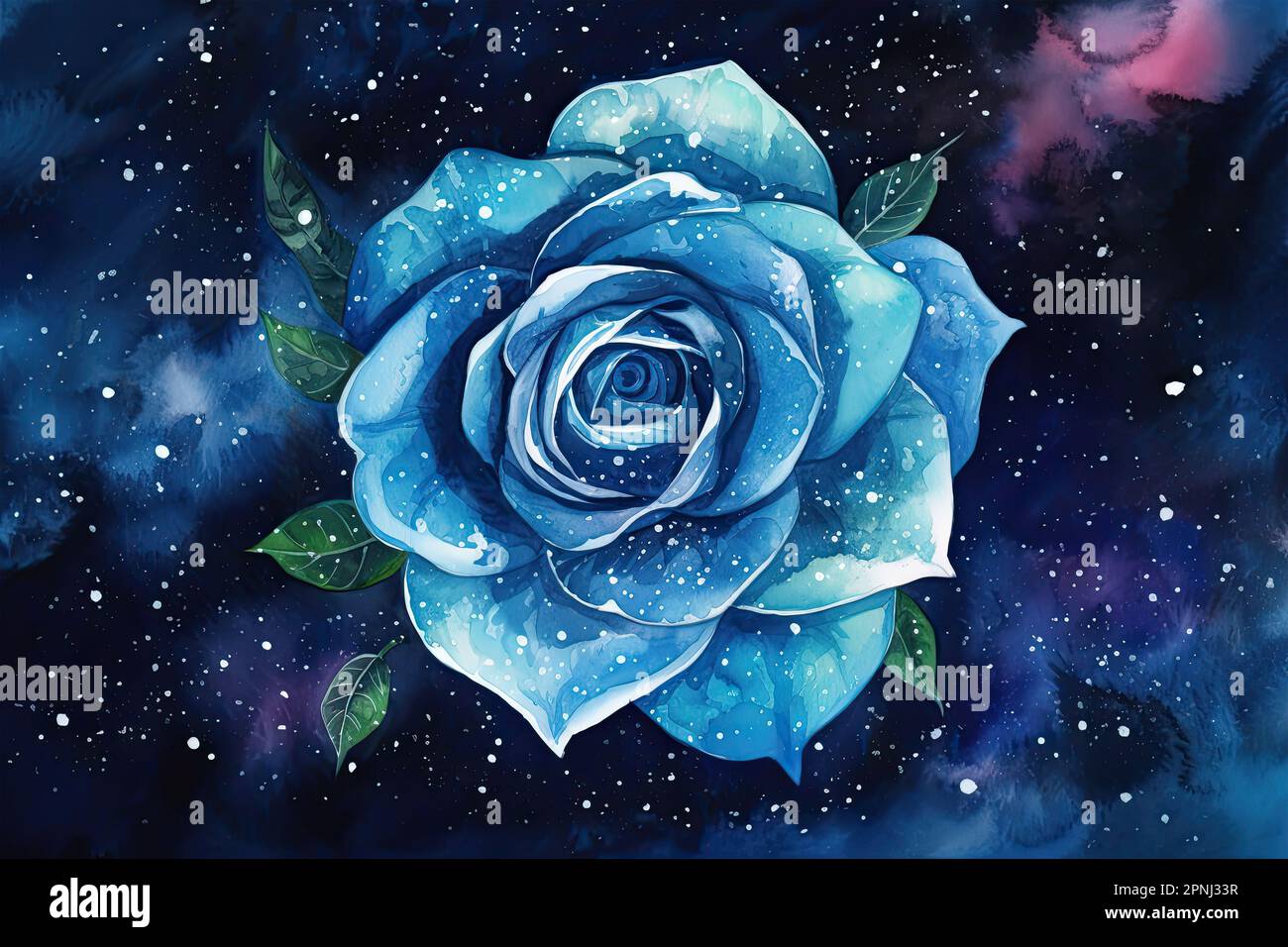 a watercolor painting of a blue rose with a cosmic and celestial effect ...